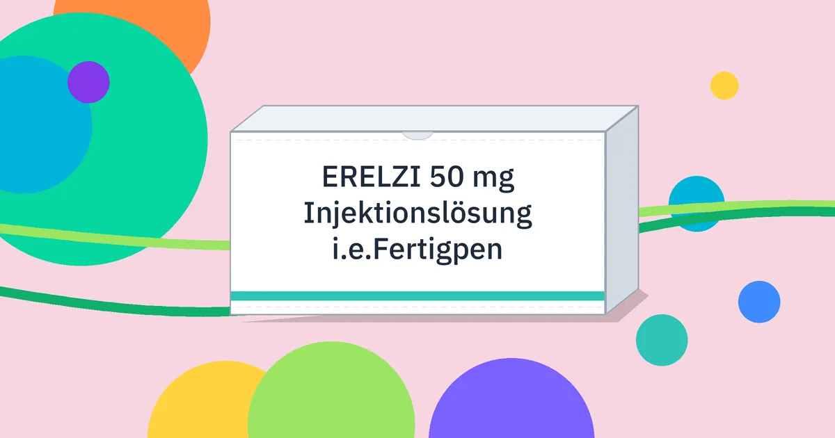 Symbolbild: Packung mit der Aufschrift ERELZI 50 mg Injektionslösung i.e.Fertigpen (PZN 18181924) – Verfügbarkeit und Bezug in Apotheken in Frankfurt am Main