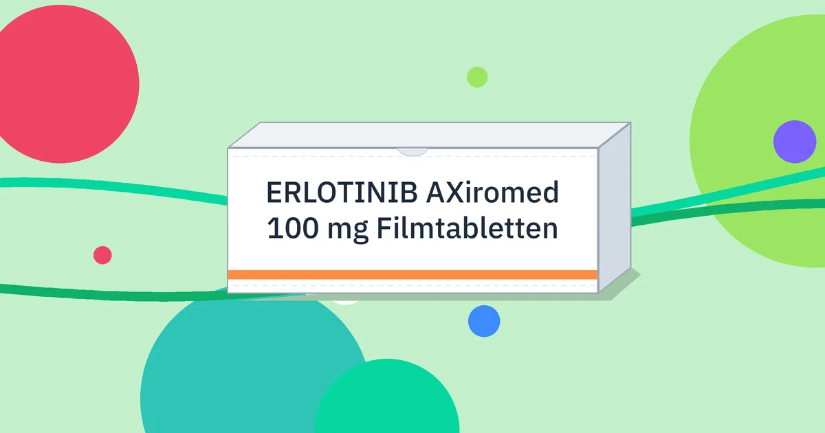 Symbolbild: Packung mit der Aufschrift ERLOTINIB AXiromed 100 mg Filmtabletten (PZN 16239559) – Verfügbarkeit und Bezug in Apotheken in Frankfurt am Main
