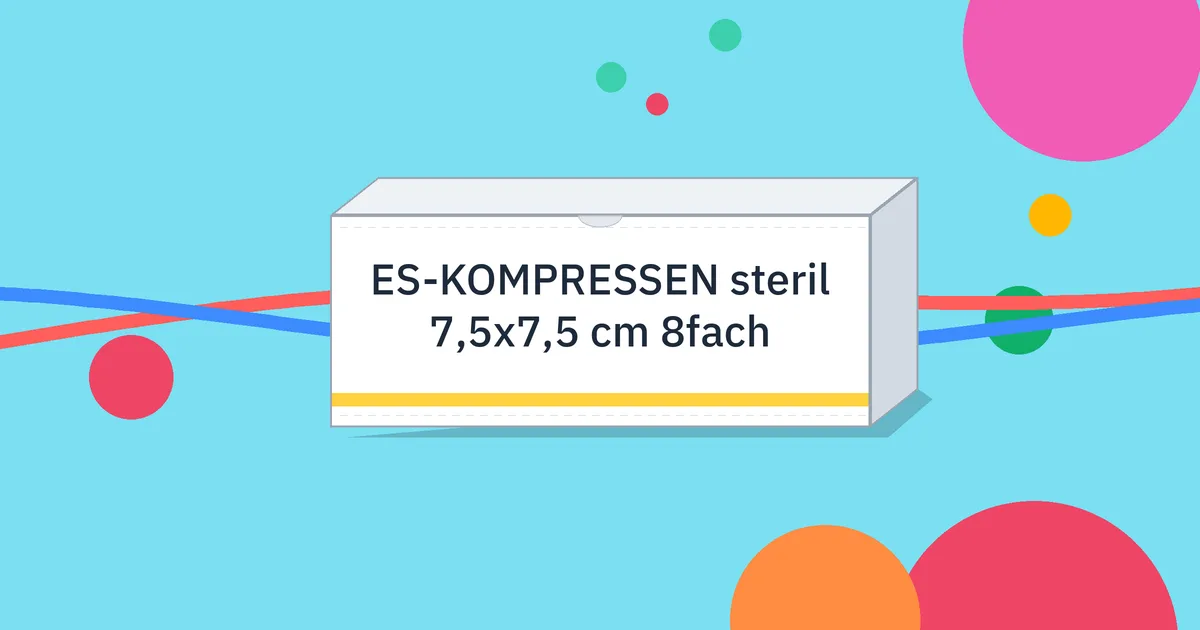 Symbolbild: Packung mit der Aufschrift ES-KOMPRESSEN steril 7,5x7,5 cm 8fach (PZN 10032107) – Verfügbarkeit und Bezug in Apotheken in Frankfurt am Main