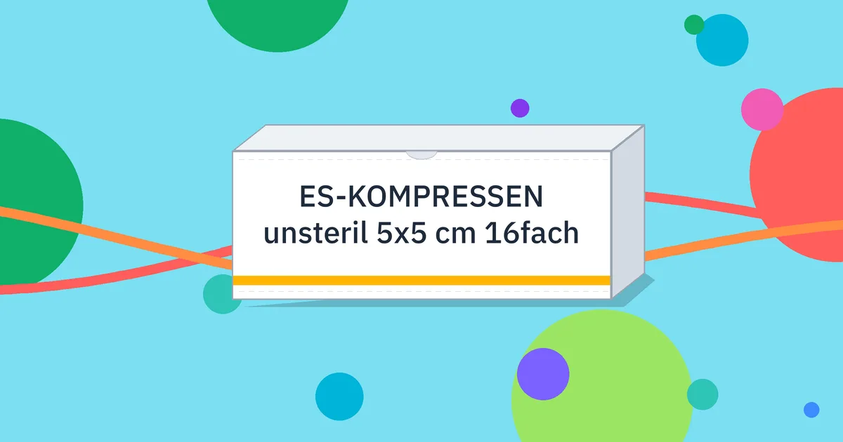 Symbolbild: Packung mit der Aufschrift ES-KOMPRESSEN unsteril 5x5 cm 16fach (PZN 18715596) – Verfügbarkeit und Bezug in Apotheken in Frankfurt am Main
