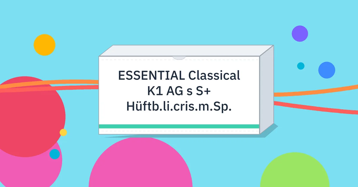 Symbolbild: Packung mit der Aufschrift ESSENTIAL Classical K1 AG s S+ Hüftb.li.cris.m.Sp. (PZN 17012160) – Verfügbarkeit und Bezug in Apotheken in Frankfurt am Main