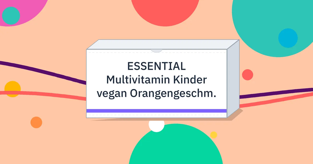 Symbolbild: Packung mit der Aufschrift ESSENTIAL Multivitamin Kinder vegan Orangengeschm. (PZN 19924020) – Verfügbarkeit und Bezug in Apotheken in Frankfurt am Main