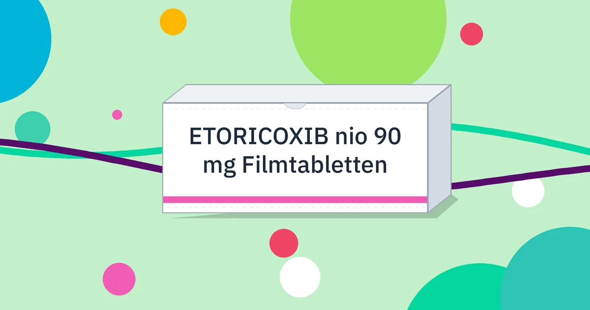 Symbolbild: Packung mit der Aufschrift ETORICOXIB nio 90 mg Filmtabletten (PZN 20348142) – Verfügbarkeit und Bezug in Apotheken in Frankfurt am Main