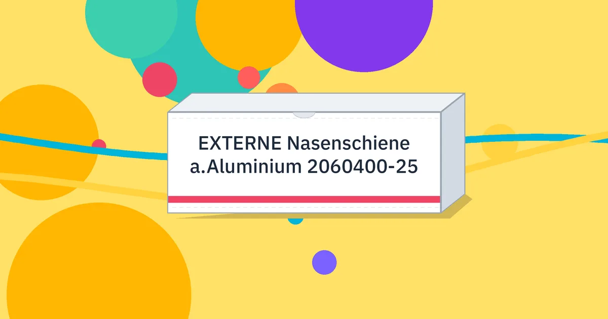 Symbolbild: Packung mit der Aufschrift EXTERNE Nasenschiene a.Aluminium 2060400-25 (PZN 06496083) – Verfügbarkeit und Bezug in Apotheken in Frankfurt am Main