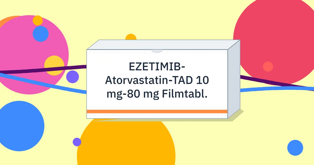 Symbolbild: Packung mit der Aufschrift EZETIMIB-Atorvastatin-TAD 10 mg-80 mg Filmtabl. (PZN 19848069) – Verfügbarkeit und Bezug in Apotheken in Frankfurt am Main