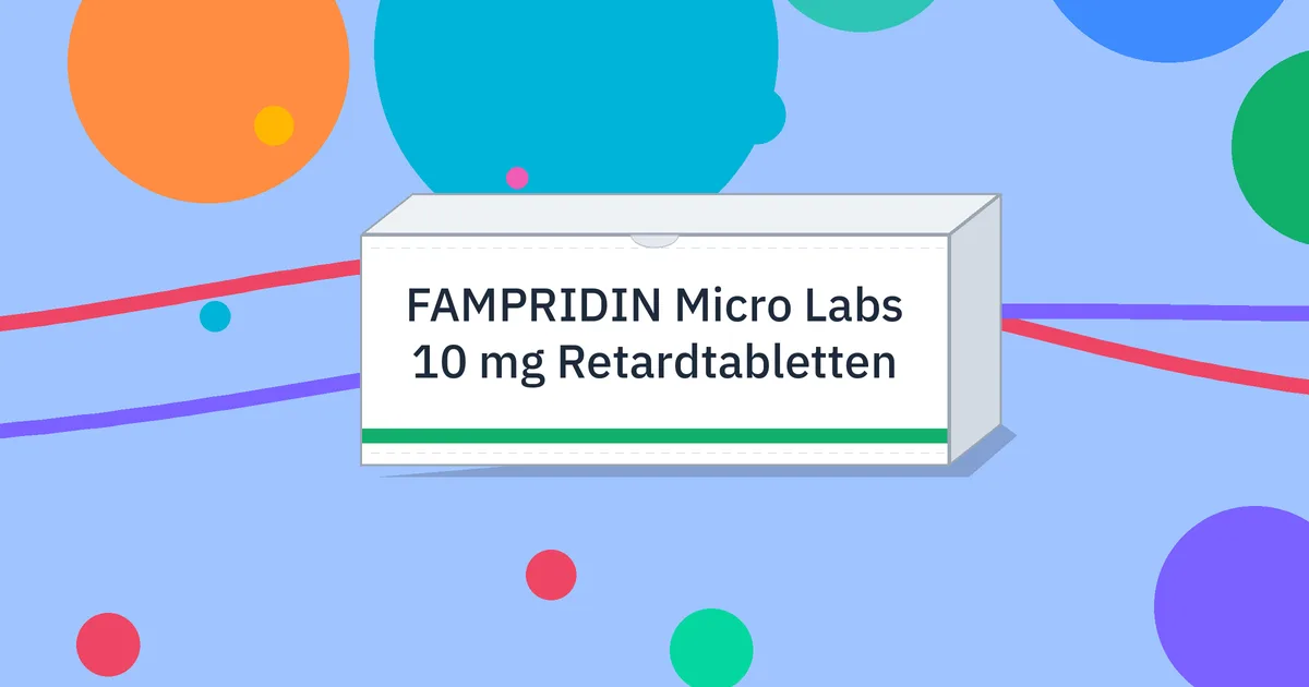 Symbolbild: Packung mit der Aufschrift FAMPRIDIN Micro Labs 10 mg Retardtabletten (PZN 18719387) – Verfügbarkeit und Bezug in Apotheken in Frankfurt am Main