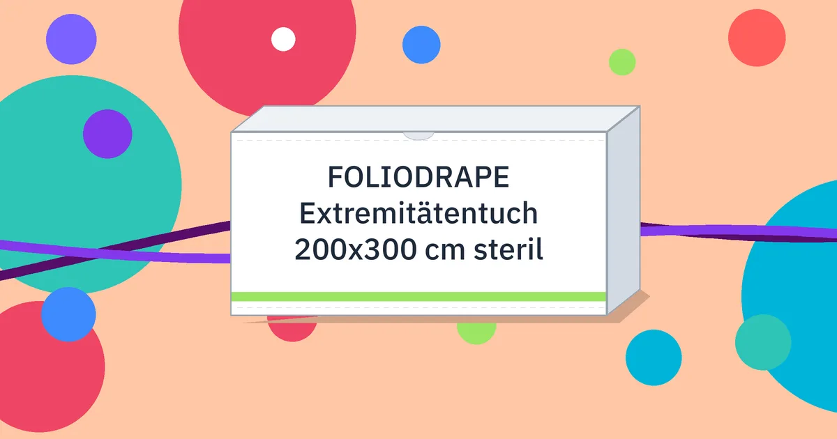 Symbolbild: Packung mit der Aufschrift FOLIODRAPE Extremitätentuch 200x300 cm steril (PZN 06892761) – Verfügbarkeit und Bezug in Apotheken in Frankfurt am Main