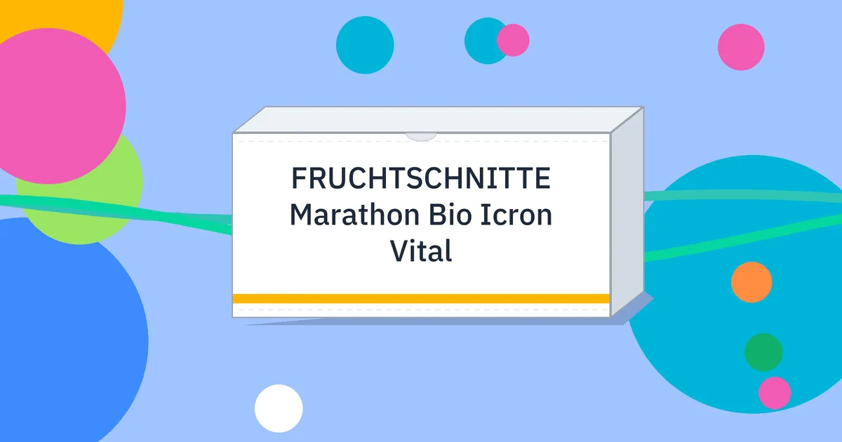 Symbolbild: Packung mit der Aufschrift FRUCHTSCHNITTE Marathon Bio Icron Vital (PZN 01912424) – Verfügbarkeit und Bezug in Apotheken in Frankfurt am Main