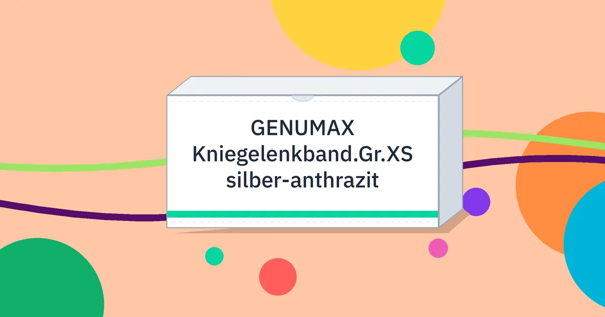 Symbolbild: Packung mit der Aufschrift GENUMAX Kniegelenkband.Gr.XS silber-anthrazit (PZN 11097244) – Verfügbarkeit und Bezug in Apotheken in Frankfurt am Main