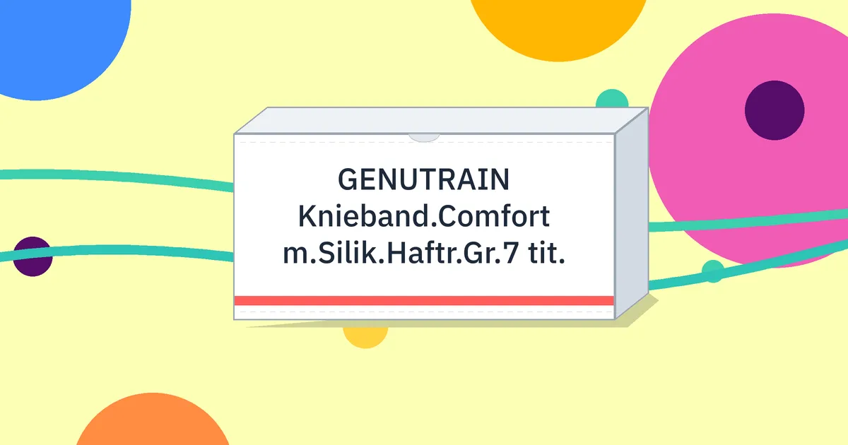 Symbolbild: Packung mit der Aufschrift GENUTRAIN Knieband.Comfort m.Silik.Haftr.Gr.7 tit. (PZN 12517300) – Verfügbarkeit und Bezug in Apotheken in Frankfurt am Main