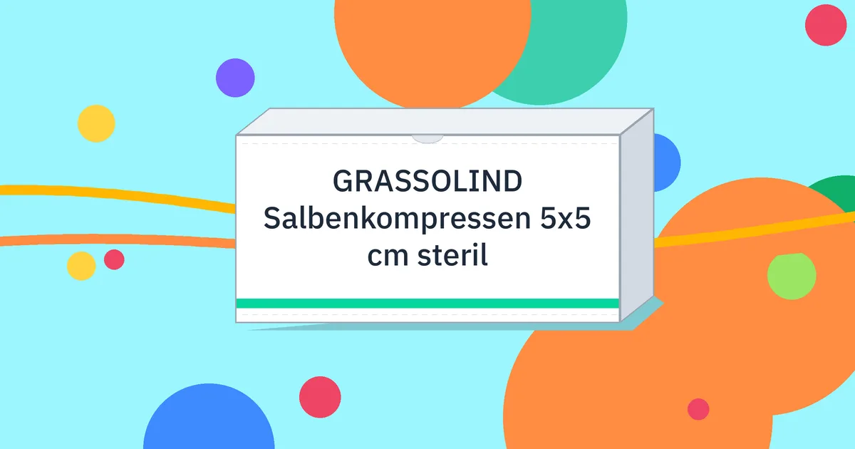 Symbolbild: Packung mit der Aufschrift GRASSOLIND Salbenkompressen 5x5 cm steril (PZN 04460299) – Verfügbarkeit und Bezug in Apotheken in Frankfurt am Main