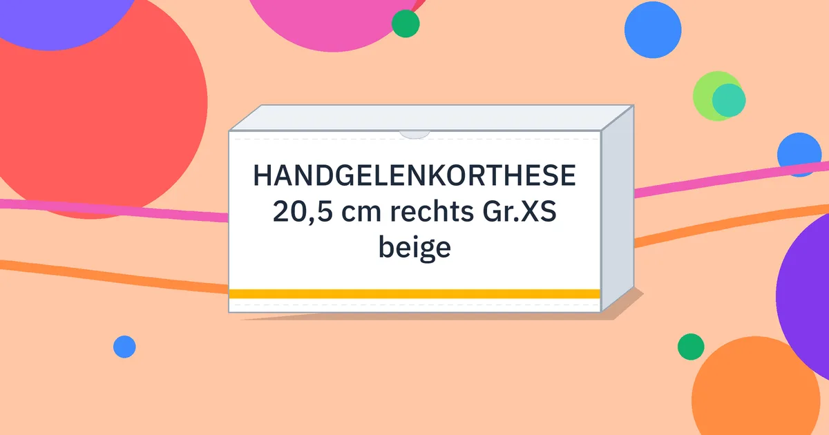 Symbolbild: Packung mit der Aufschrift HANDGELENKORTHESE 20,5 cm rechts Gr.XS beige (PZN 03387005) – Verfügbarkeit und Bezug in Apotheken in Frankfurt am Main