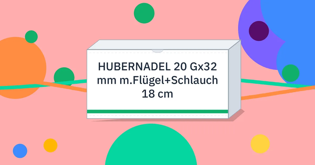 Symbolbild: Packung mit der Aufschrift HUBERNADEL 20 Gx32 mm m.Flügel+Schlauch 18 cm (PZN 02350230) – Verfügbarkeit und Bezug in Apotheken in Frankfurt am Main