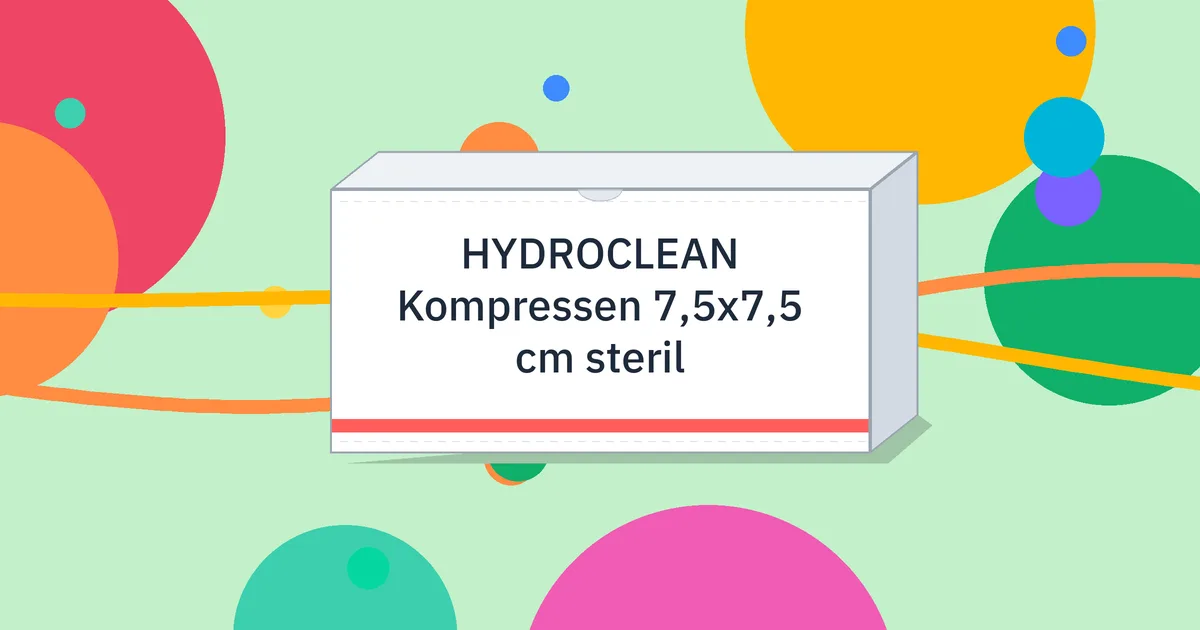 Symbolbild: Packung mit der Aufschrift HYDROCLEAN Kompressen 7,5x7,5 cm steril (PZN 20165648) – Verfügbarkeit und Bezug in Apotheken in Frankfurt am Main