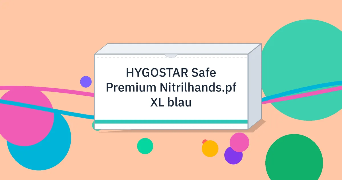 Symbolbild: Packung mit der Aufschrift HYGOSTAR Safe Premium Nitrilhands.pf XL blau (PZN 20772822) – Verfügbarkeit und Bezug in Apotheken in Frankfurt am Main