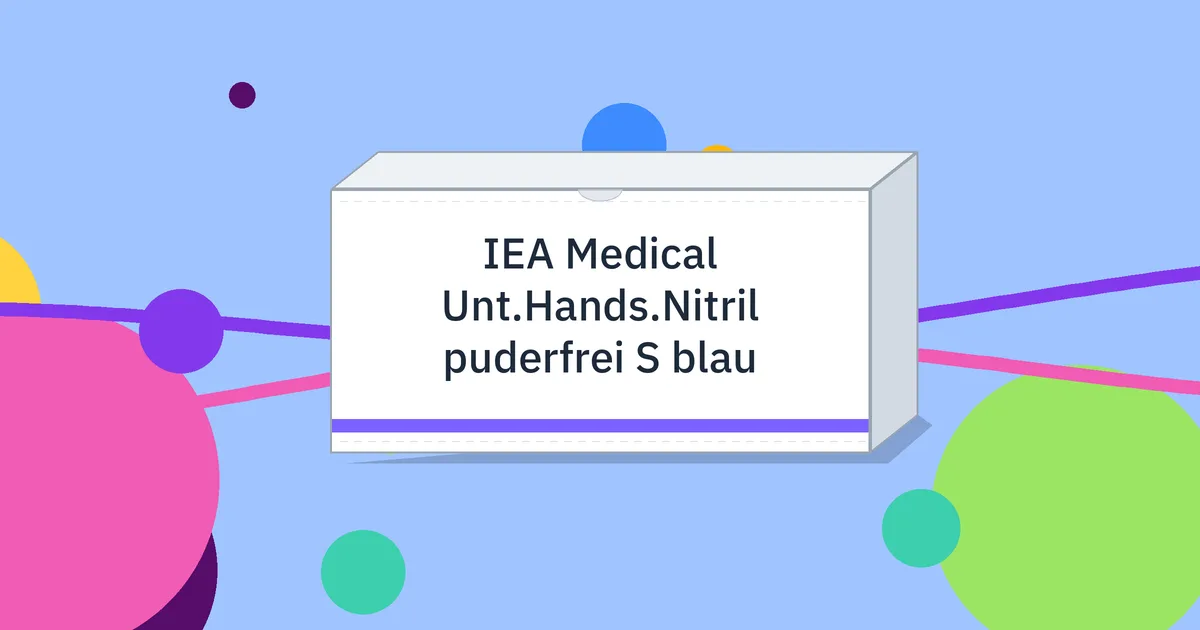 Symbolbild: Packung mit der Aufschrift IEA Medical Unt.Hands.Nitril puderfrei S blau (PZN 18742104) – Verfügbarkeit und Bezug in Apotheken in Frankfurt am Main
