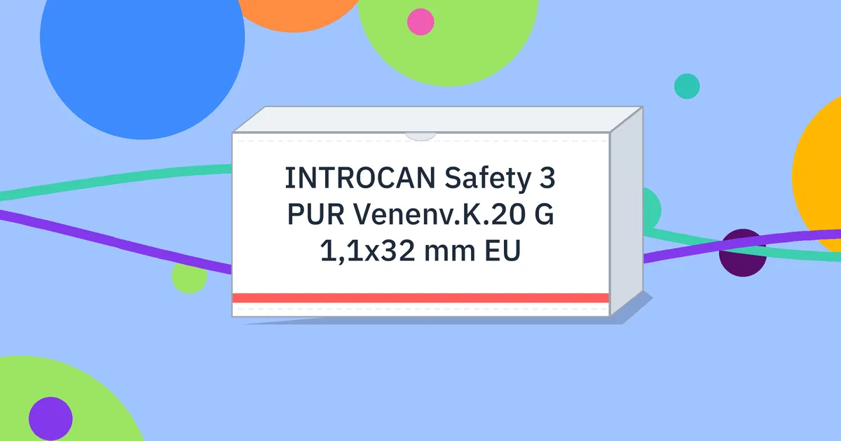 Symbolbild: Packung mit der Aufschrift INTROCAN Safety 3 PUR Venenv.K.20 G 1,1x32 mm EU (PZN 11868724) – Verfügbarkeit und Bezug in Apotheken in Frankfurt am Main