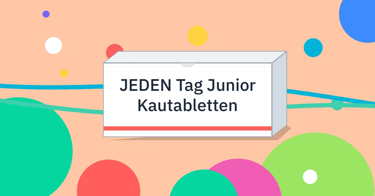 Symbolbild: Packung mit der Aufschrift JEDEN Tag Junior Kautabletten (PZN 20598554) – Verfügbarkeit und Bezug in Apotheken in Frankfurt am Main