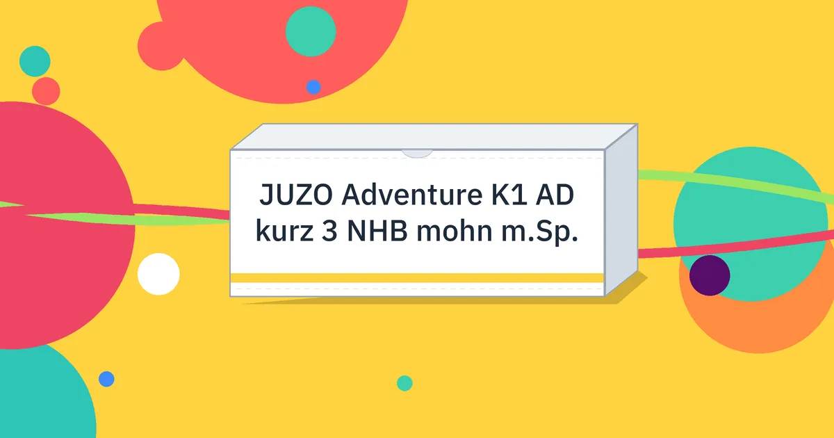 Symbolbild: Packung mit der Aufschrift JUZO Adventure K1 AD kurz 3 NHB mohn m.Sp. (PZN 14975113) – Verfügbarkeit und Bezug in Apotheken in Frankfurt am Main