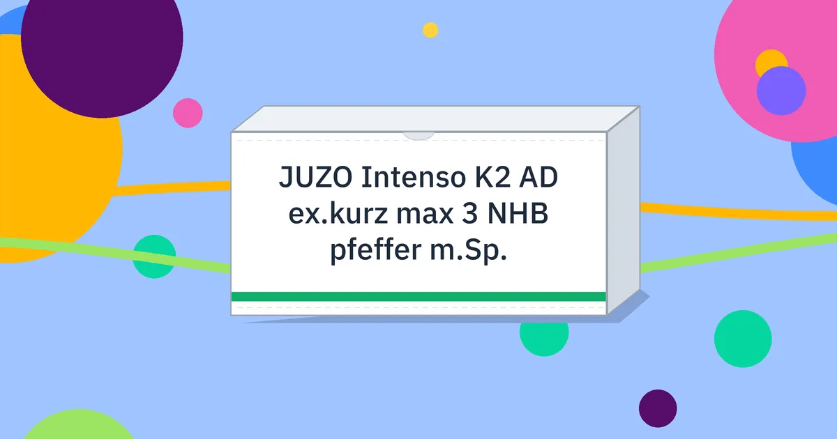 Symbolbild: Packung mit der Aufschrift JUZO Intenso K2 AD ex.kurz max 3 NHB pfeffer m.Sp. (PZN 18610207) – Verfügbarkeit und Bezug in Apotheken in Frankfurt am Main