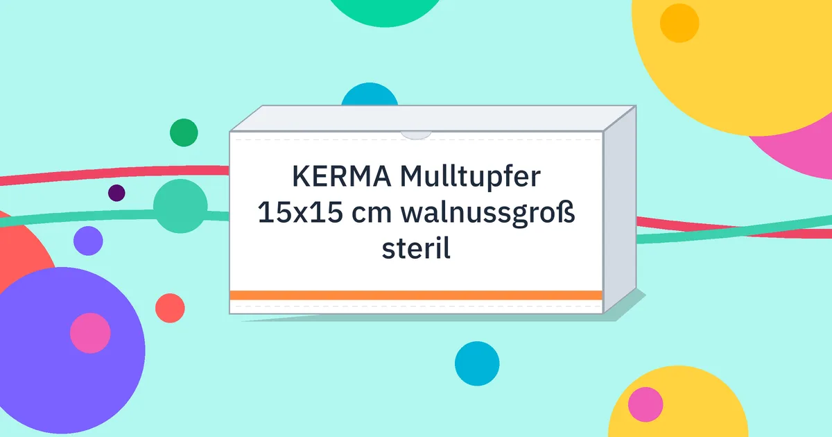Symbolbild: Packung mit der Aufschrift KERMA Mulltupfer 15x15 cm walnussgroß steril (PZN 12551403) – Verfügbarkeit und Bezug in Apotheken in Frankfurt am Main