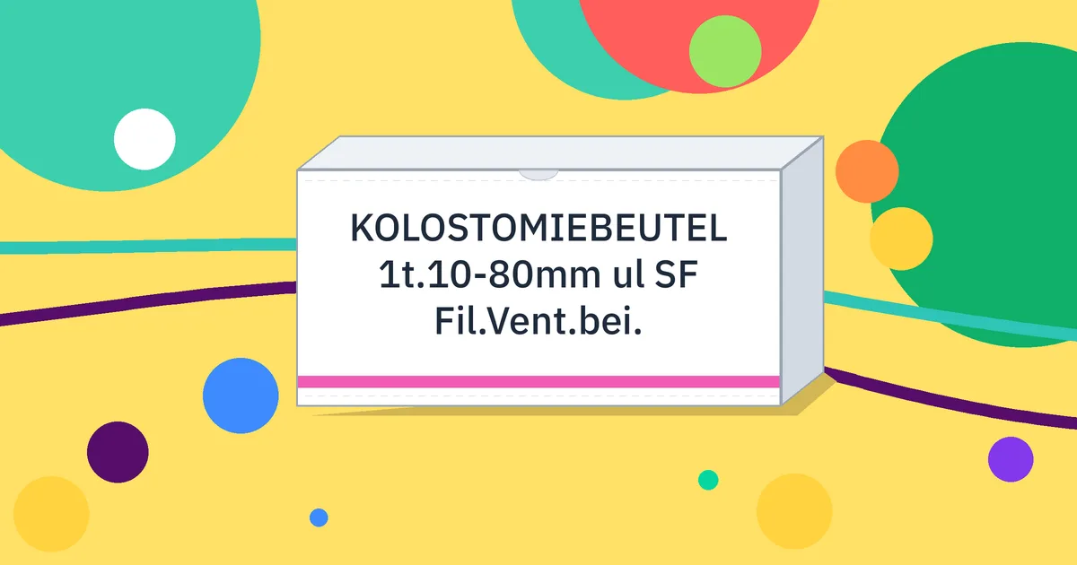 Symbolbild: Packung mit der Aufschrift KOLOSTOMIEBEUTEL 1t.10-80mm ul SF Fil.Vent.bei. (PZN 19296859) – Verfügbarkeit und Bezug in Apotheken in Frankfurt am Main