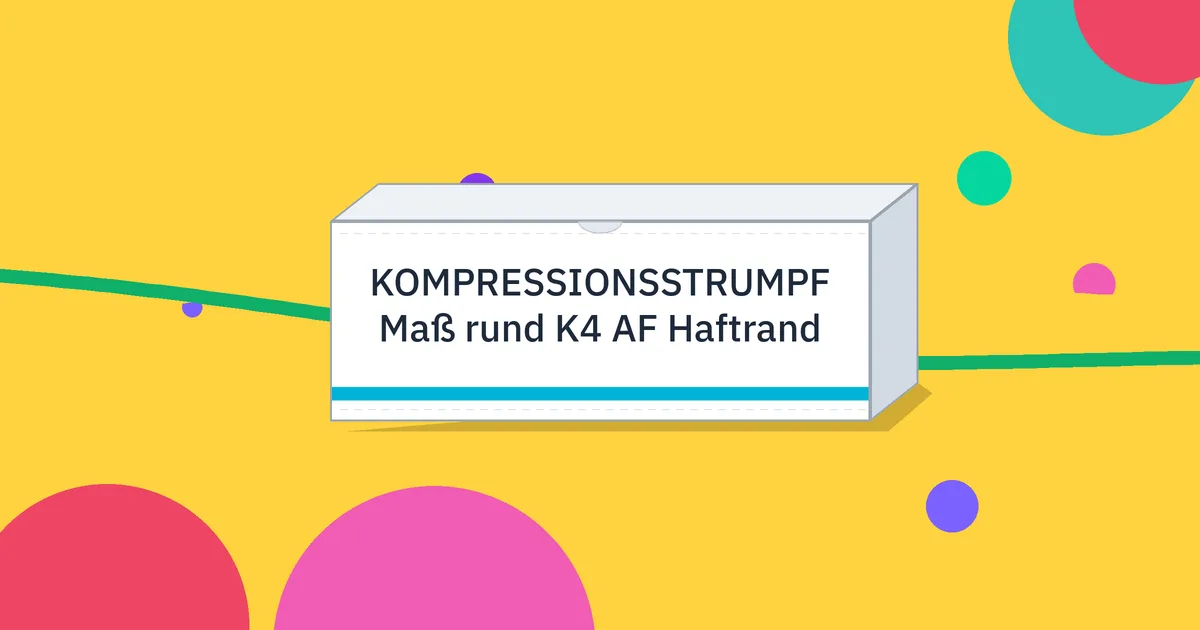 Symbolbild: Packung mit der Aufschrift KOMPRESSIONSSTRUMPF Maß rund K4 AF Haftrand (PZN 04775152) – Verfügbarkeit und Bezug in Apotheken in Frankfurt am Main