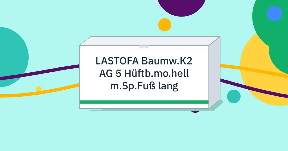 Symbolbild: Packung mit der Aufschrift LASTOFA Baumw.K2 AG 5 Hüftb.mo.hell m.Sp.Fuß lang (PZN 01949232) – Verfügbarkeit und Bezug in Apotheken in Frankfurt am Main