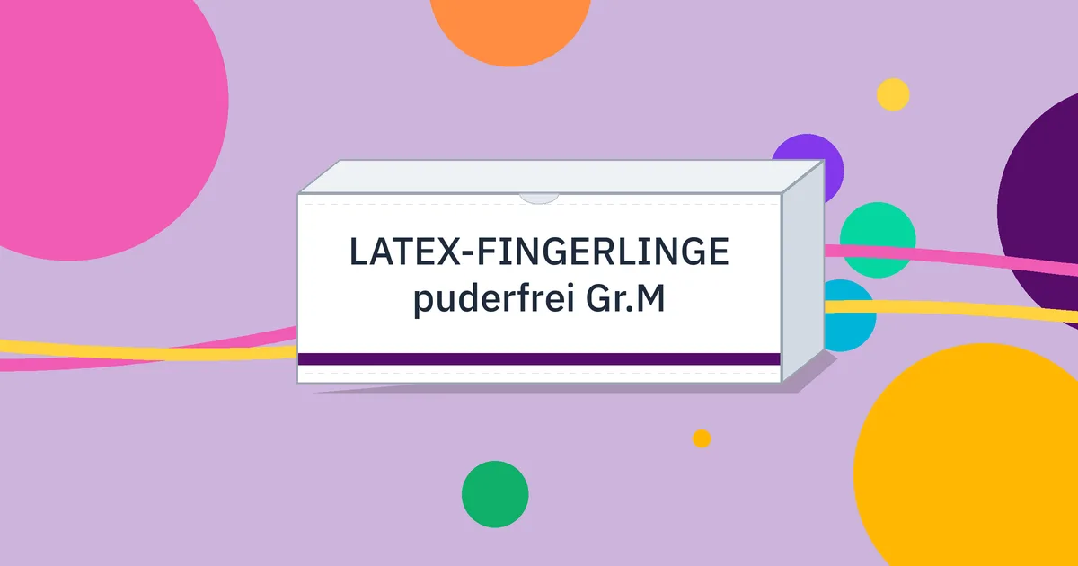 Symbolbild: Packung mit der Aufschrift LATEX-FINGERLINGE puderfrei Gr.M (PZN 01041662) – Verfügbarkeit und Bezug in Apotheken in Frankfurt am Main