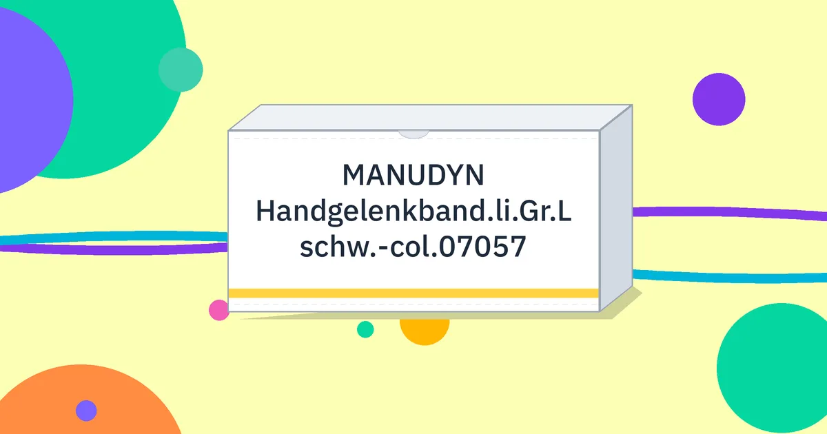 Symbolbild: Packung mit der Aufschrift MANUDYN Handgelenkband.li.Gr.L schw.-col.07057 (PZN 06727223) – Verfügbarkeit und Bezug in Apotheken in Frankfurt am Main