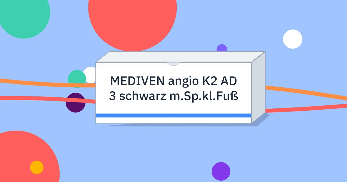 Symbolbild: Packung mit der Aufschrift MEDIVEN angio K2 AD 3 schwarz m.Sp.kl.Fuß (PZN 17210753) – Verfügbarkeit und Bezug in Apotheken in Frankfurt am Main
