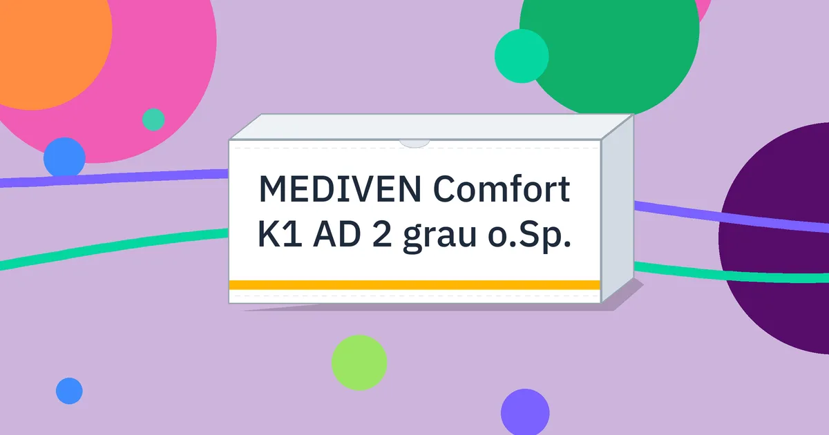 Symbolbild: Packung mit der Aufschrift MEDIVEN Comfort K1 AD 2 grau o.Sp. (PZN 19005566) – Verfügbarkeit und Bezug in Apotheken in Frankfurt am Main