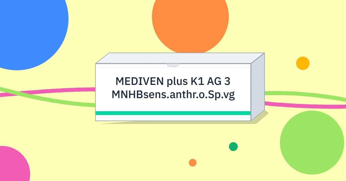 Symbolbild: Packung mit der Aufschrift MEDIVEN plus K1 AG 3 MNHBsens.anthr.o.Sp.vg (PZN 15916762) – Verfügbarkeit und Bezug in Apotheken in Frankfurt am Main