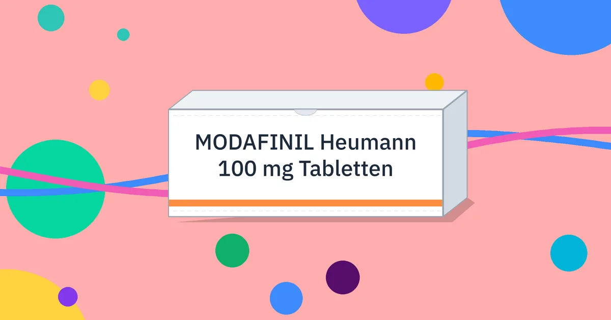 Symbolbild: Packung mit der Aufschrift MODAFINIL Heumann 100 mg Tabletten (PZN 07291236) – Verfügbarkeit und Bezug in Apotheken in Frankfurt am Main