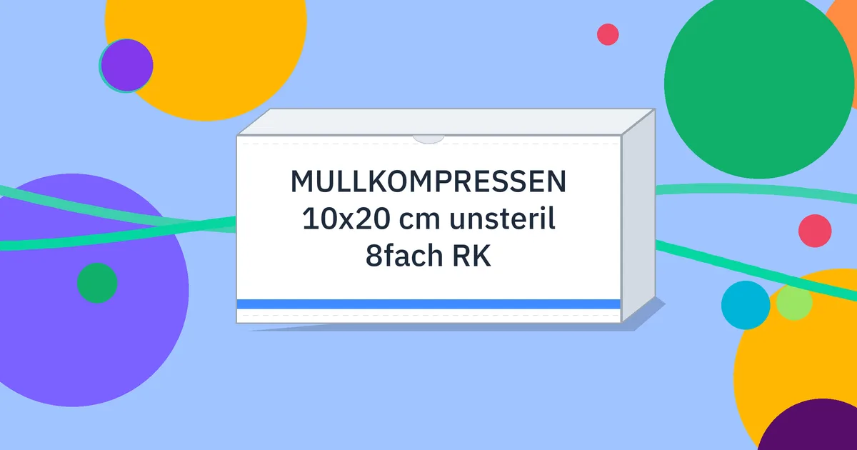 Symbolbild: Packung mit der Aufschrift MULLKOMPRESSEN 10x20 cm unsteril 8fach RK (PZN 12348719) – Verfügbarkeit und Bezug in Apotheken in Frankfurt am Main