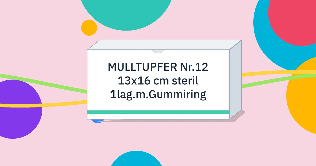 Symbolbild: Packung mit der Aufschrift MULLTUPFER Nr.12 13x16 cm steril 1lag.m.Gummiring (PZN 14266693) – Verfügbarkeit und Bezug in Apotheken in Frankfurt am Main