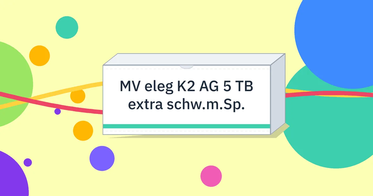 Symbolbild: Packung mit der Aufschrift MV eleg K2 AG 5 TB extra schw.m.Sp. (PZN 09877012) – Verfügbarkeit und Bezug in Apotheken in Frankfurt am Main