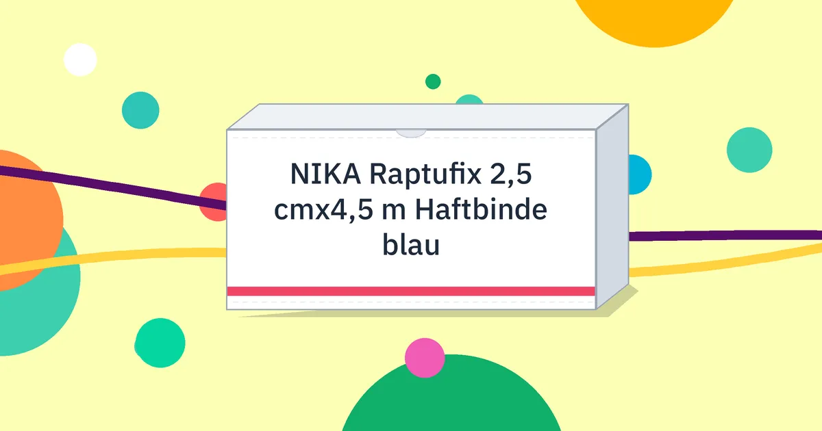 Symbolbild: Packung mit der Aufschrift NIKA Raptufix 2,5 cmx4,5 m Haftbinde blau (PZN 19078536) – Verfügbarkeit und Bezug in Apotheken in Frankfurt am Main