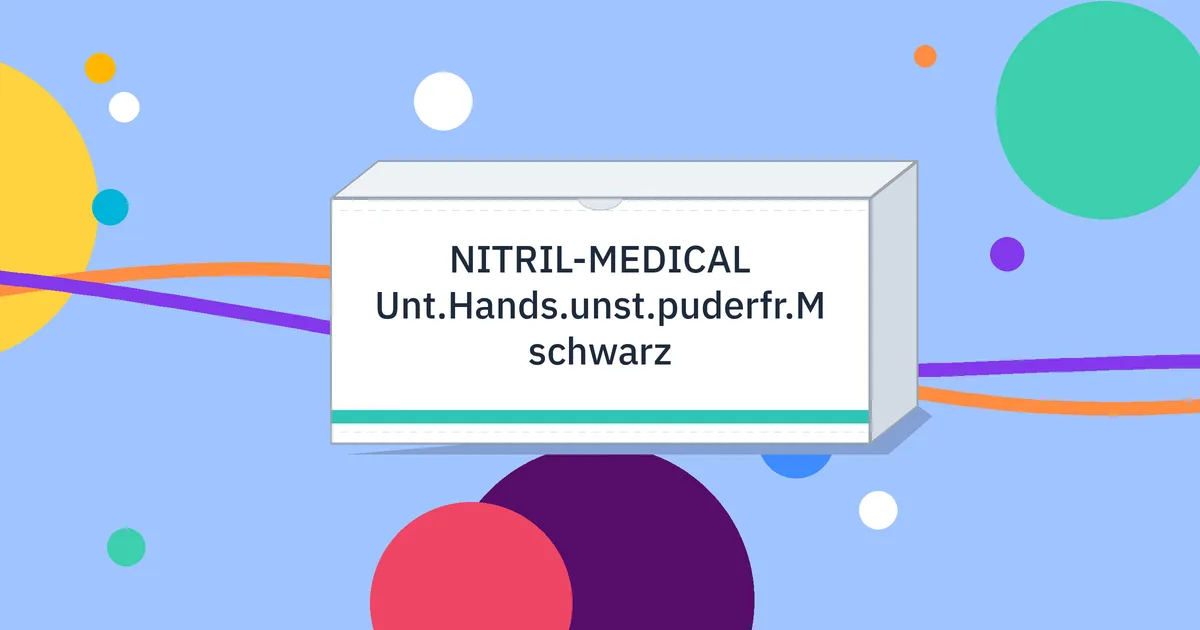 Symbolbild: Packung mit der Aufschrift NITRIL-MEDICAL Unt.Hands.unst.puderfr.M schwarz (PZN 18408411) – Verfügbarkeit und Bezug in Apotheken in Frankfurt am Main