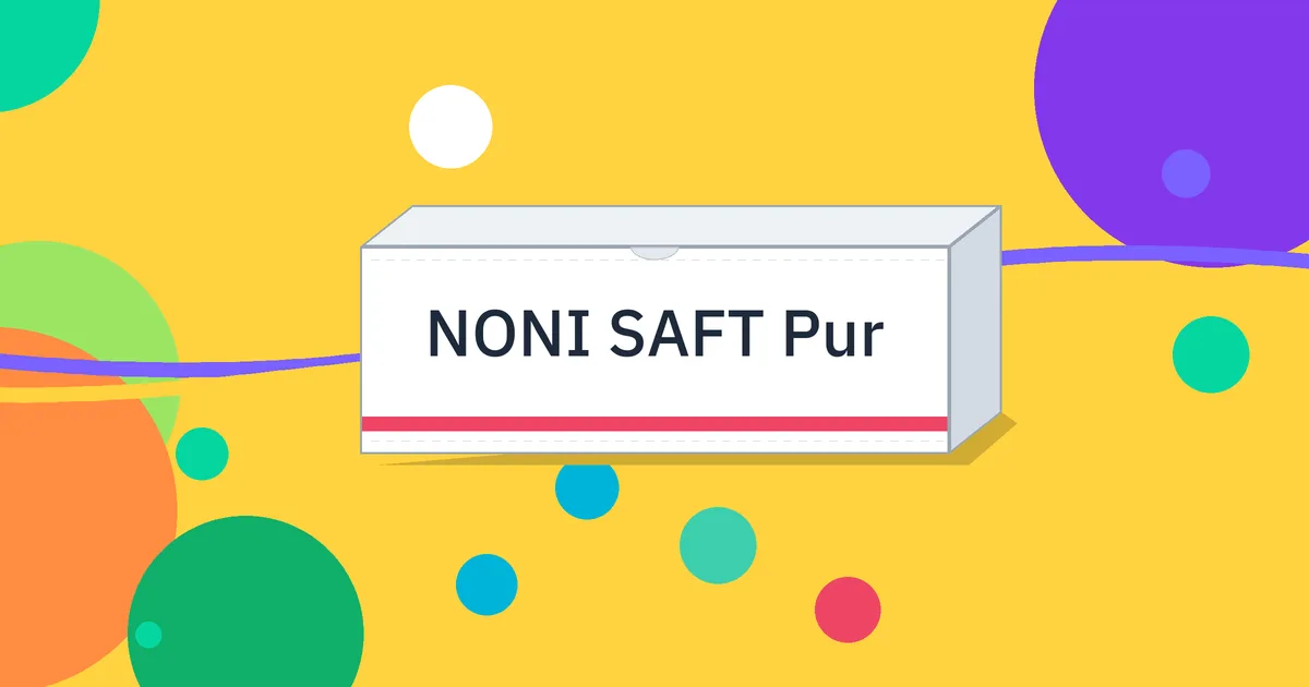 Symbolbild: Packung mit der Aufschrift NONI SAFT Pur (PZN 00610945) – Verfügbarkeit und Bezug in Apotheken in Frankfurt am Main