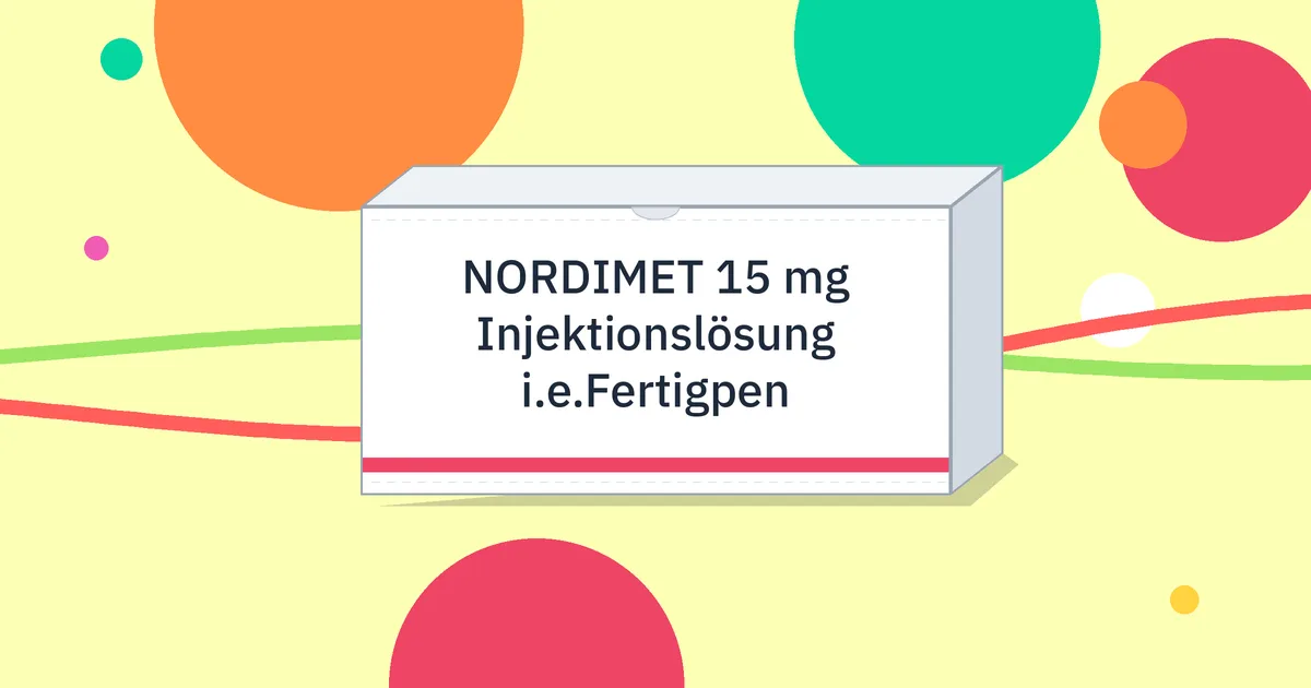 Symbolbild: Packung mit der Aufschrift NORDIMET 15 mg Injektionslösung i.e.Fertigpen (PZN 15264489) – Verfügbarkeit und Bezug in Apotheken in Frankfurt am Main