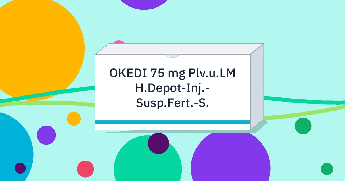 Symbolbild: Packung mit der Aufschrift OKEDI 75 mg Plv.u.LM H.Depot-Inj.-Susp.Fert.-S. (PZN 19645484) – Verfügbarkeit und Bezug in Apotheken in Frankfurt am Main