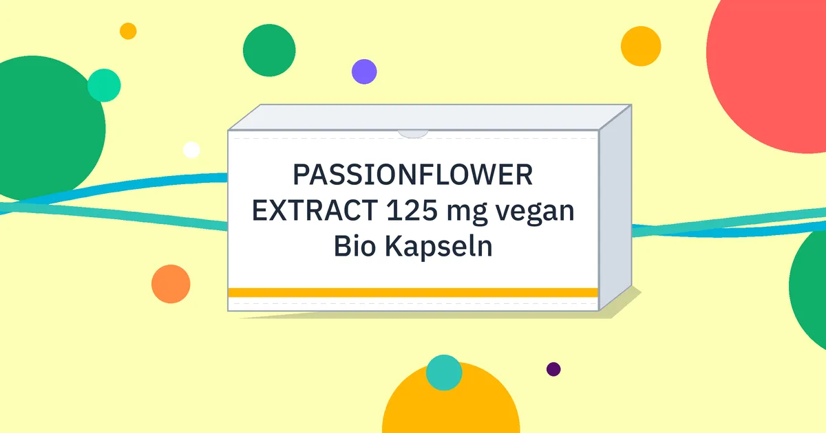 Symbolbild: Packung mit der Aufschrift PASSIONFLOWER EXTRACT 125 mg vegan Bio Kapseln (PZN 18745373) – Verfügbarkeit und Bezug in Apotheken in Frankfurt am Main