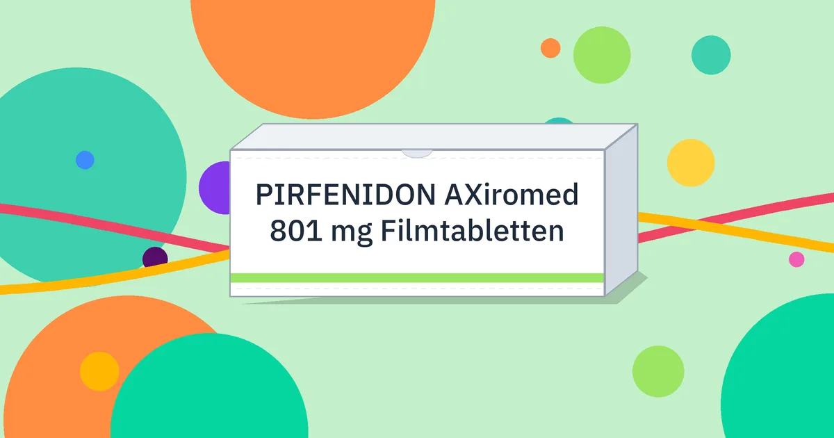Symbolbild: Packung mit der Aufschrift PIRFENIDON AXiromed 801 mg Filmtabletten (PZN 19204544) – Verfügbarkeit und Bezug in Apotheken in Frankfurt am Main