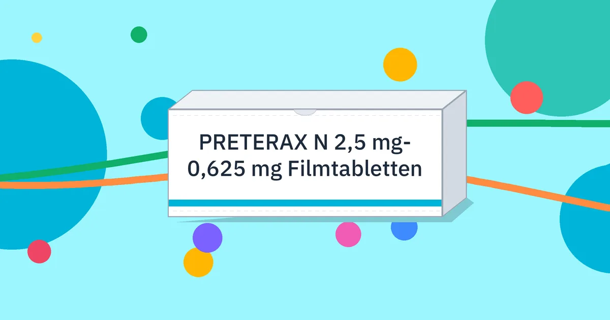 Symbolbild: Packung mit der Aufschrift PRETERAX N 2,5 mg-0,625 mg Filmtabletten (PZN 05900688) – Verfügbarkeit und Bezug in Apotheken in Frankfurt am Main