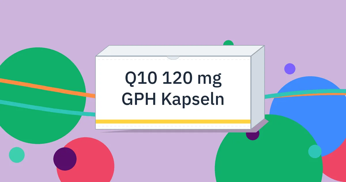 Symbolbild: Packung mit der Aufschrift Q10 120 mg GPH Kapseln (PZN 09722232) – Verfügbarkeit und Bezug in Apotheken in Frankfurt am Main