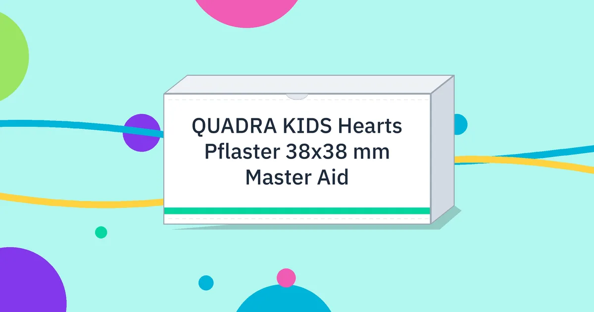 Symbolbild: Packung mit der Aufschrift QUADRA KIDS Hearts Pflaster 38x38 mm Master Aid (PZN 20088882) – Verfügbarkeit und Bezug in Apotheken in Frankfurt am Main