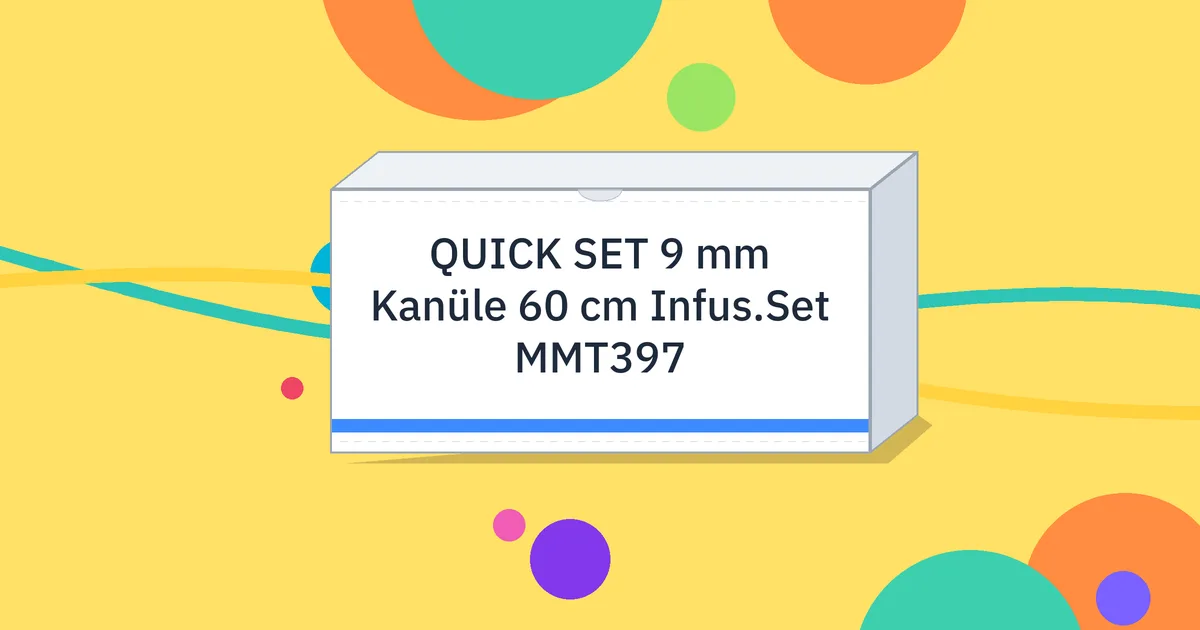 Symbolbild: Packung mit der Aufschrift QUICK SET 9 mm Kanüle 60 cm Infus.Set MMT397 (PZN 14201156) – Verfügbarkeit und Bezug in Apotheken in Frankfurt am Main