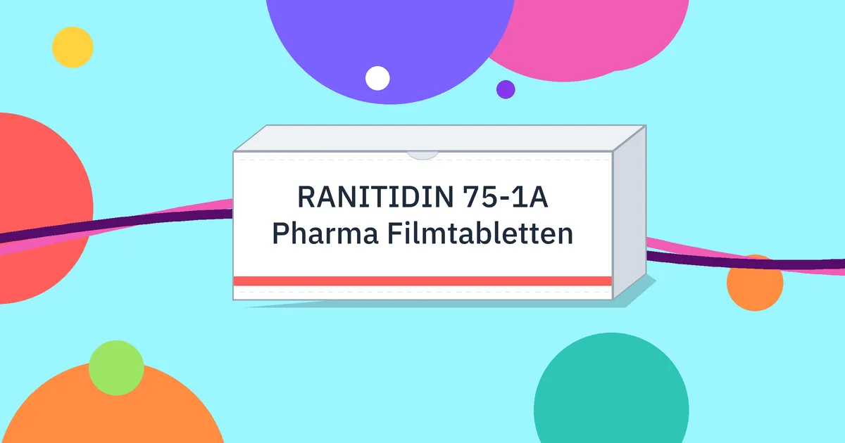 Symbolbild: Packung mit der Aufschrift RANITIDIN 75-1A Pharma Filmtabletten (PZN 03711888) – Verfügbarkeit und Bezug in Apotheken in Frankfurt am Main