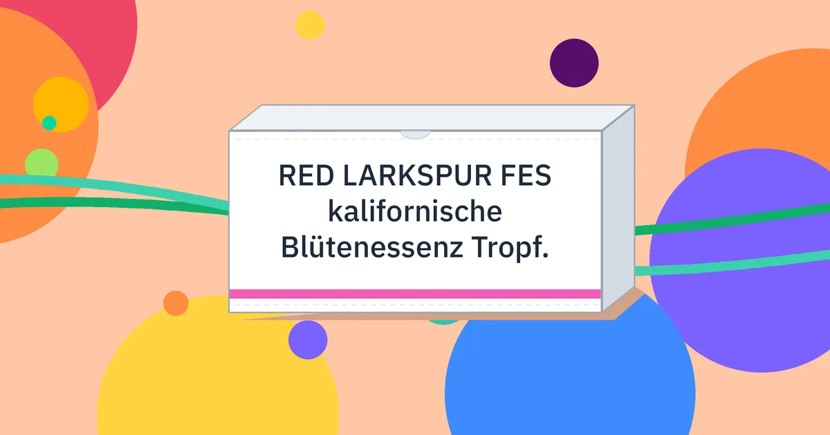 Symbolbild: Packung mit der Aufschrift RED LARKSPUR FES kalifornische Blütenessenz Tropf. (PZN 18810030) – Verfügbarkeit und Bezug in Apotheken in Frankfurt am Main